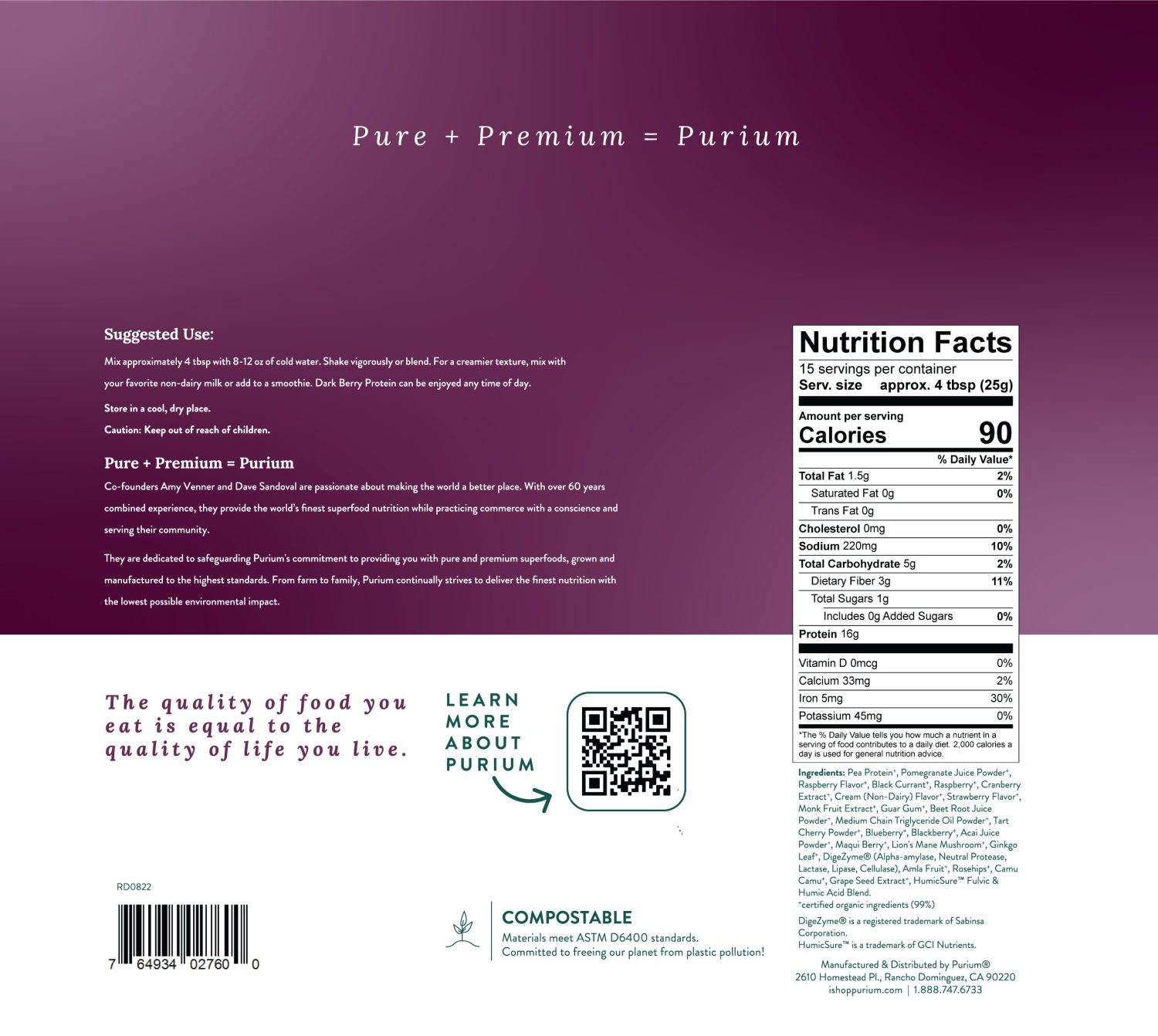 Vegan Protein Shake - Purium Dark Berry Protein